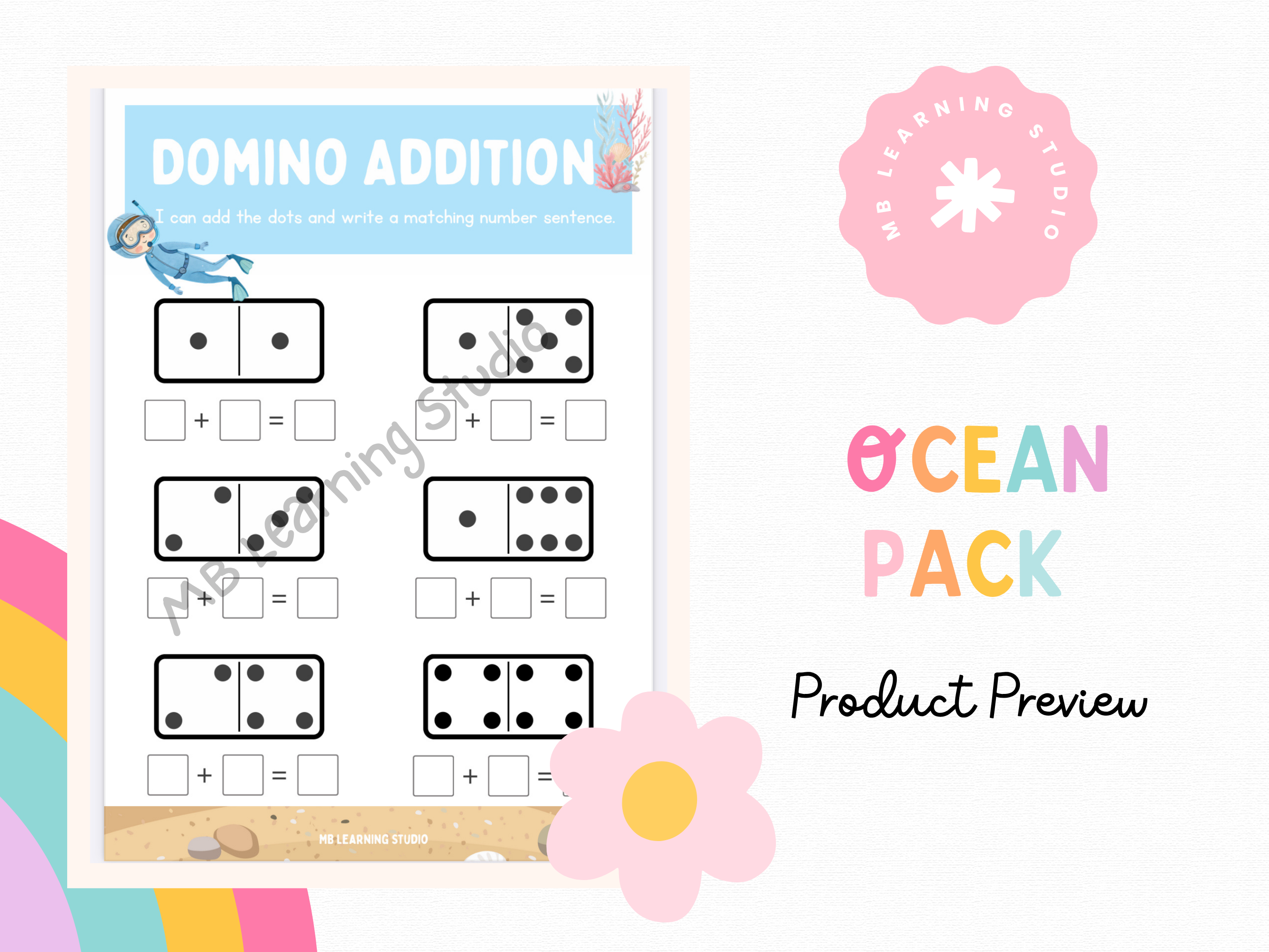 Ocean-Themed Domino Addition Worksheet | EYFS, KS1, Pre-K–1st Grade ...
