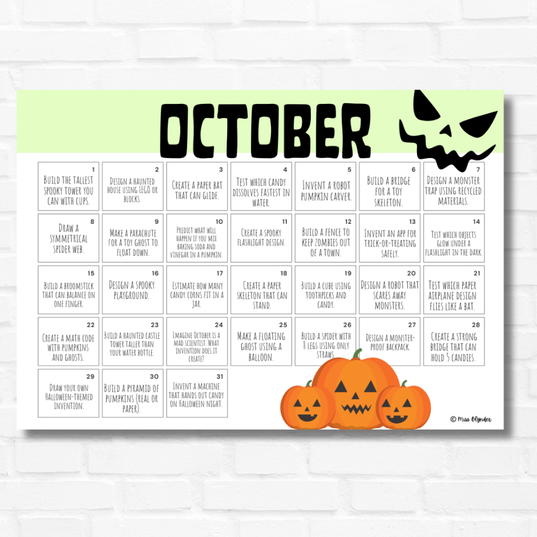 STEM Challenge Calendar – October | Daily STEM Activities for Primary ...