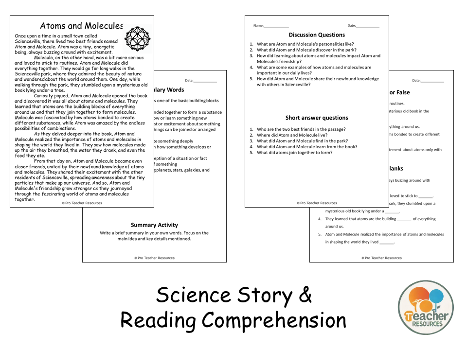 Atoms and Molecules Reading Science Story Comprehension Questions Worksheet | Teaching Resources