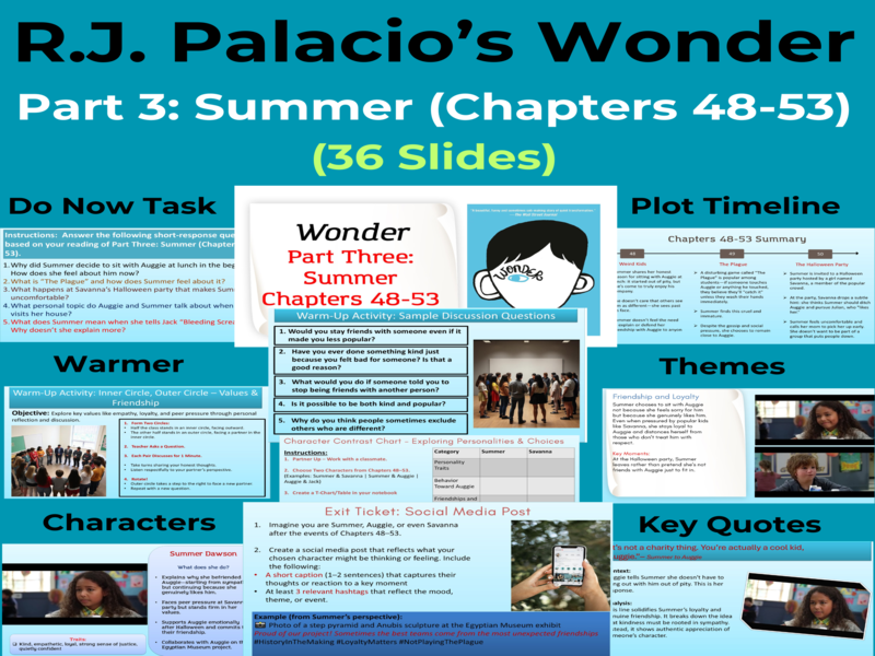 Wonder by R.J. Palacio Part 3: Summer (Chapters 48-53) PPT Summary ...