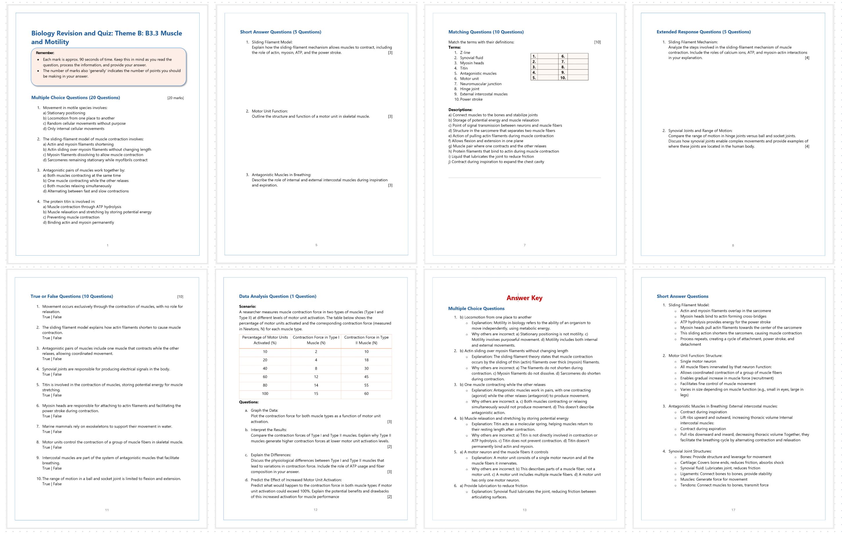 IB DP Biology B3.3 Muscle and Motility Quiz and Revision Worksheets ...
