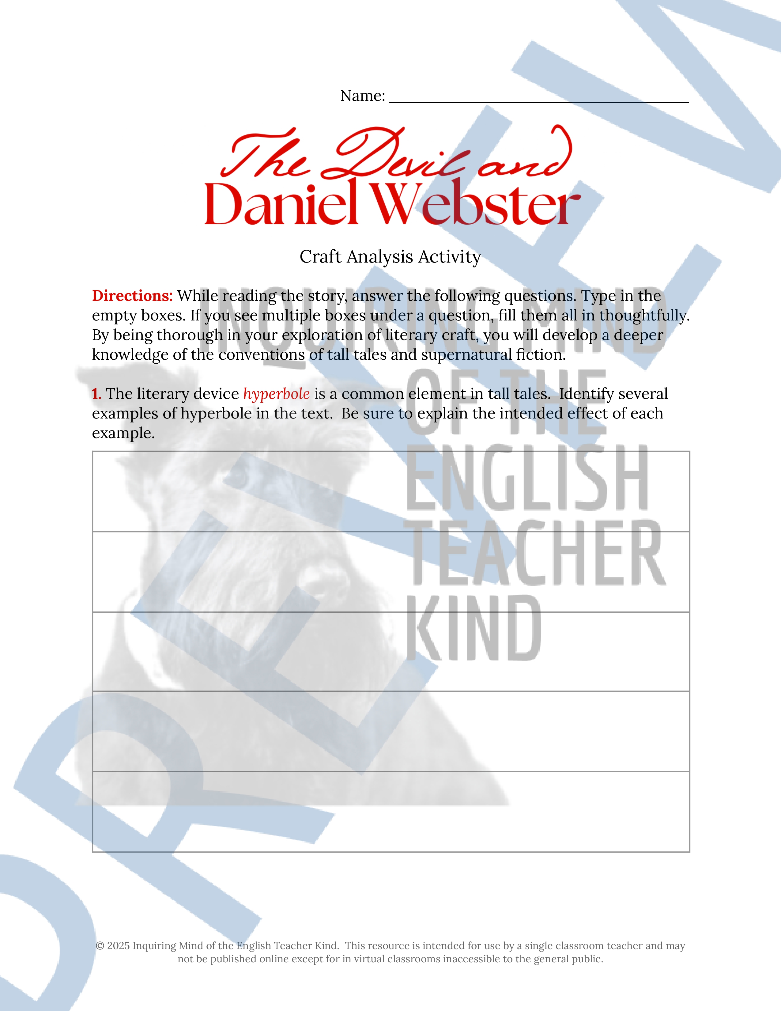 "The Devil and Daniel Webster" Literary Craft Analysis Worksheet (Short ...