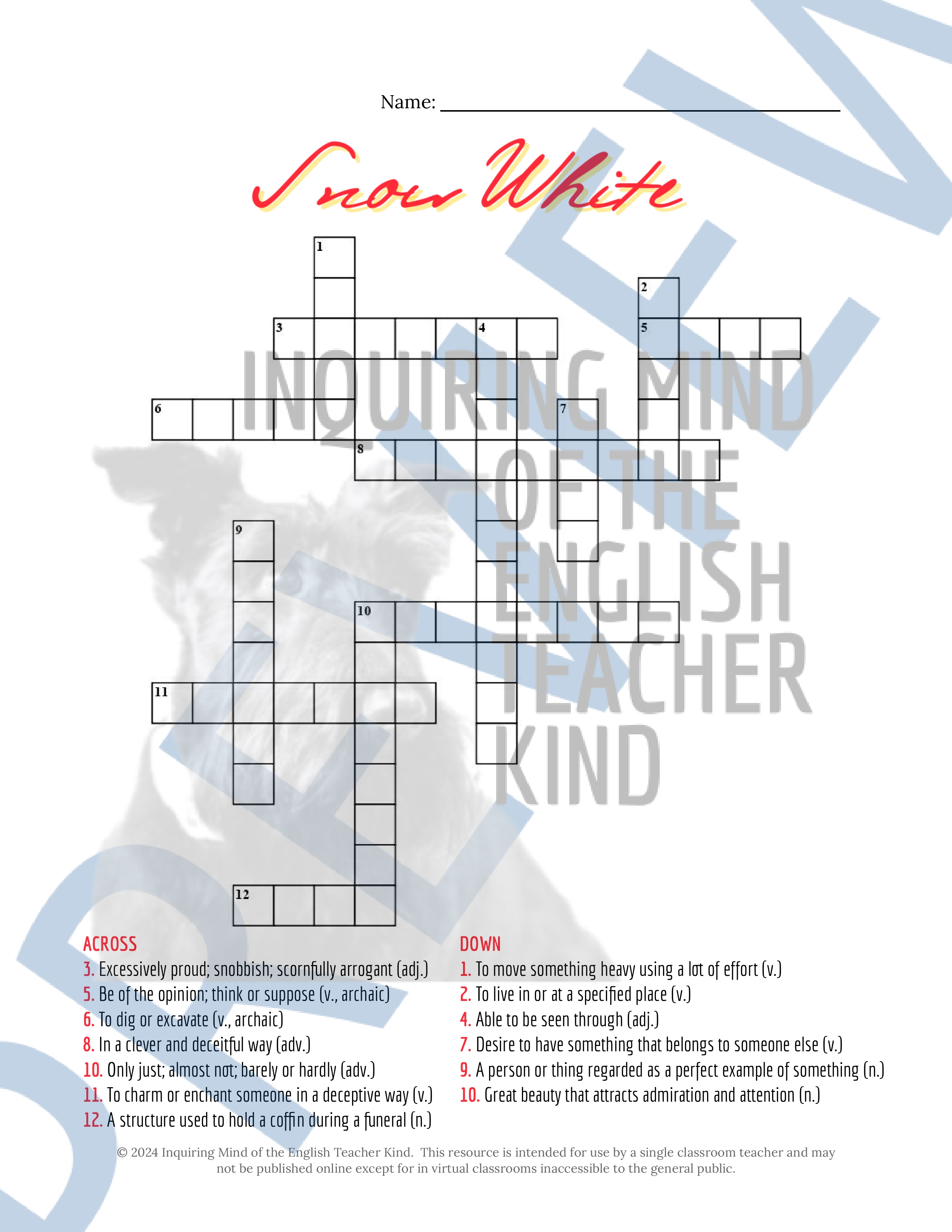 "Snow White and the Seven Dwarfs" Vocabulary Activities (Grimm's Fairy ...