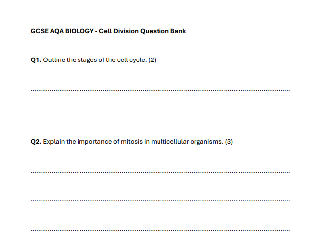 GCSE AQA BIOLOGY - CELL DIVISION QUESTIONS AND MARK SCHEME | Teaching ...