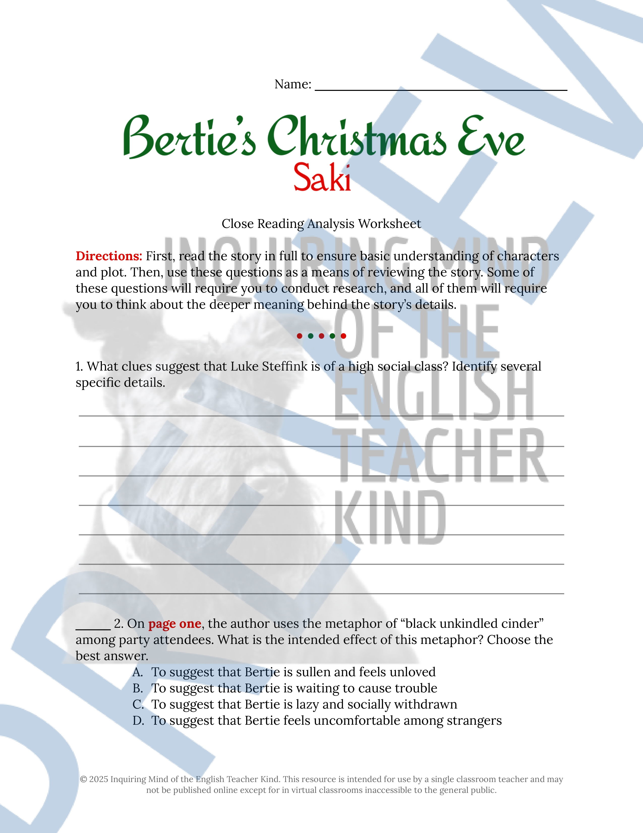 "Bertie's Christmas Eve" by Saki Literary Analysis Worksheet | Holiday ...