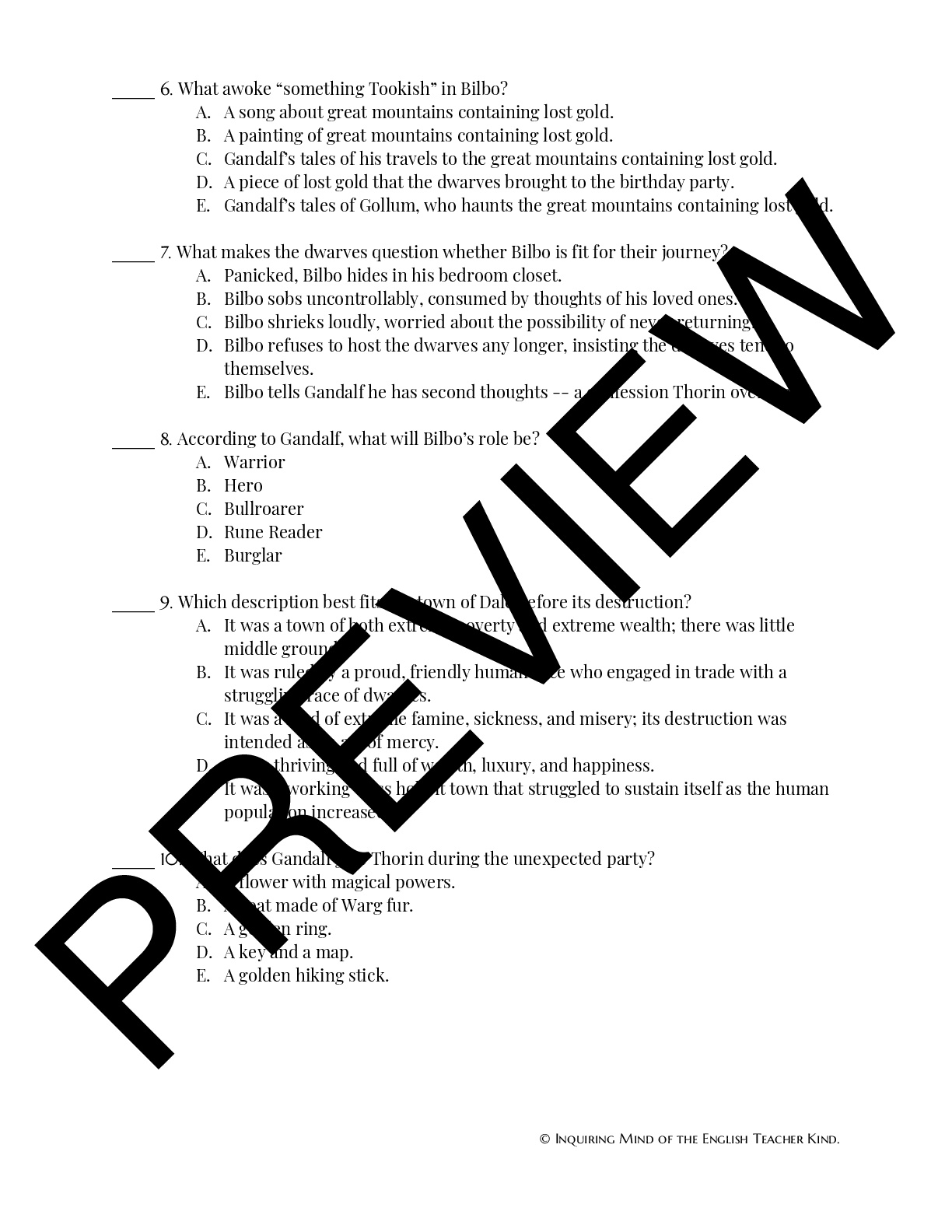 Quiz: The Hobbit by Tolkien (Chapter 1) | Teaching Resources