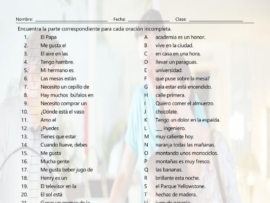 Articles Sentence Match Spanish Worksheet | Teaching Resources