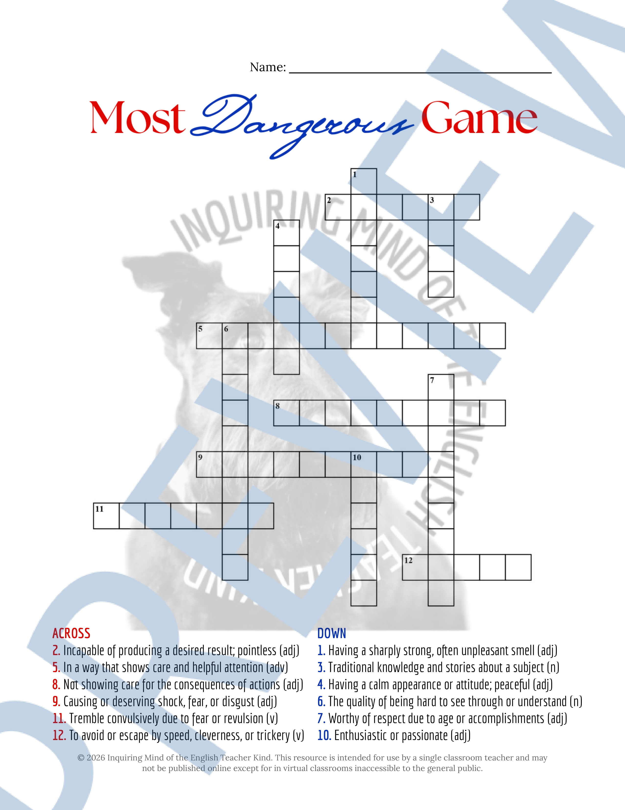 "The Most Dangerous Game" Vocabulary Games | Crossword Puzzle | Word ...