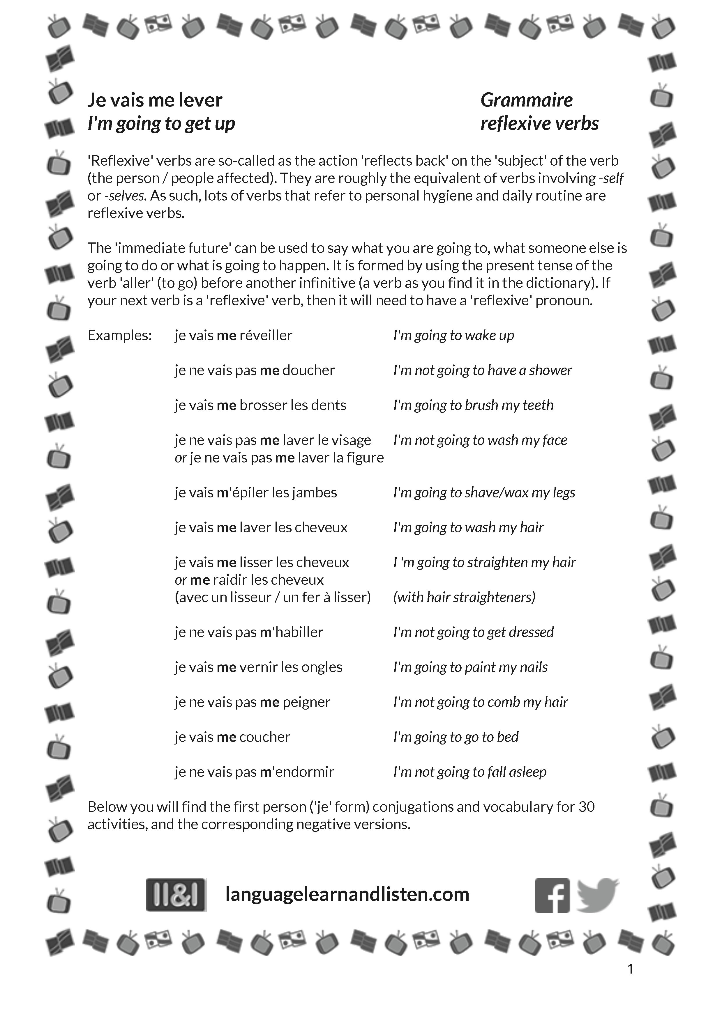 French - Reflexive verbs - Je vais me lever - first person immediate ...