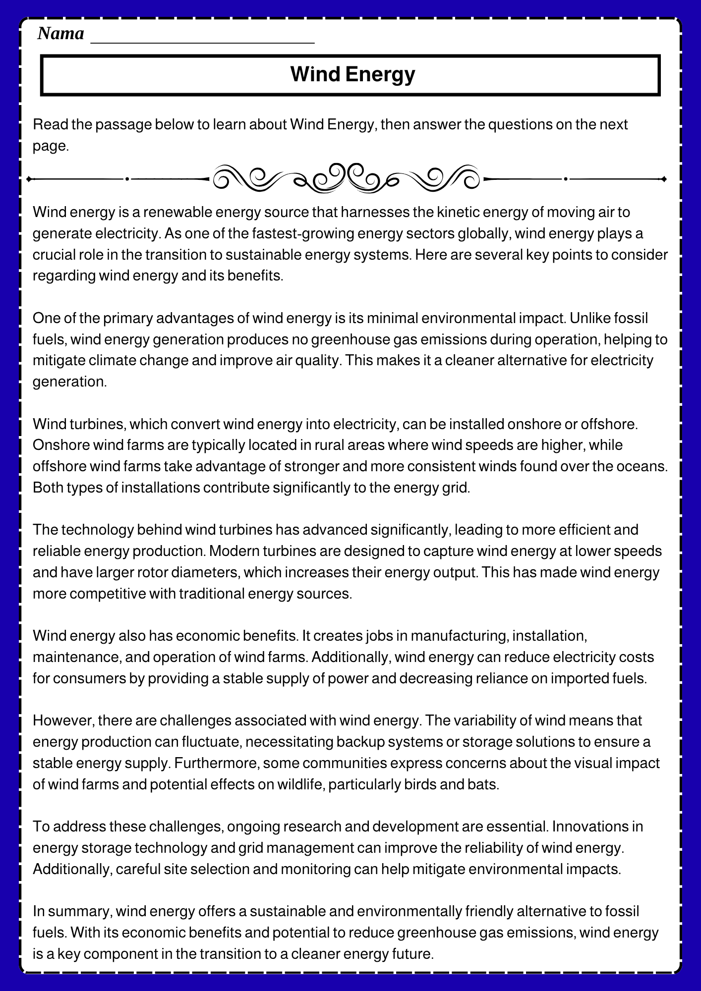 Wind Energy Reading Comprehension Passages & Questions Worksheets ...