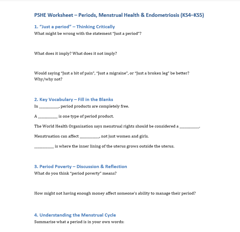 PSHE KS4 & KS5 Lesson & worksheet - Periods, Menstrual Health ...