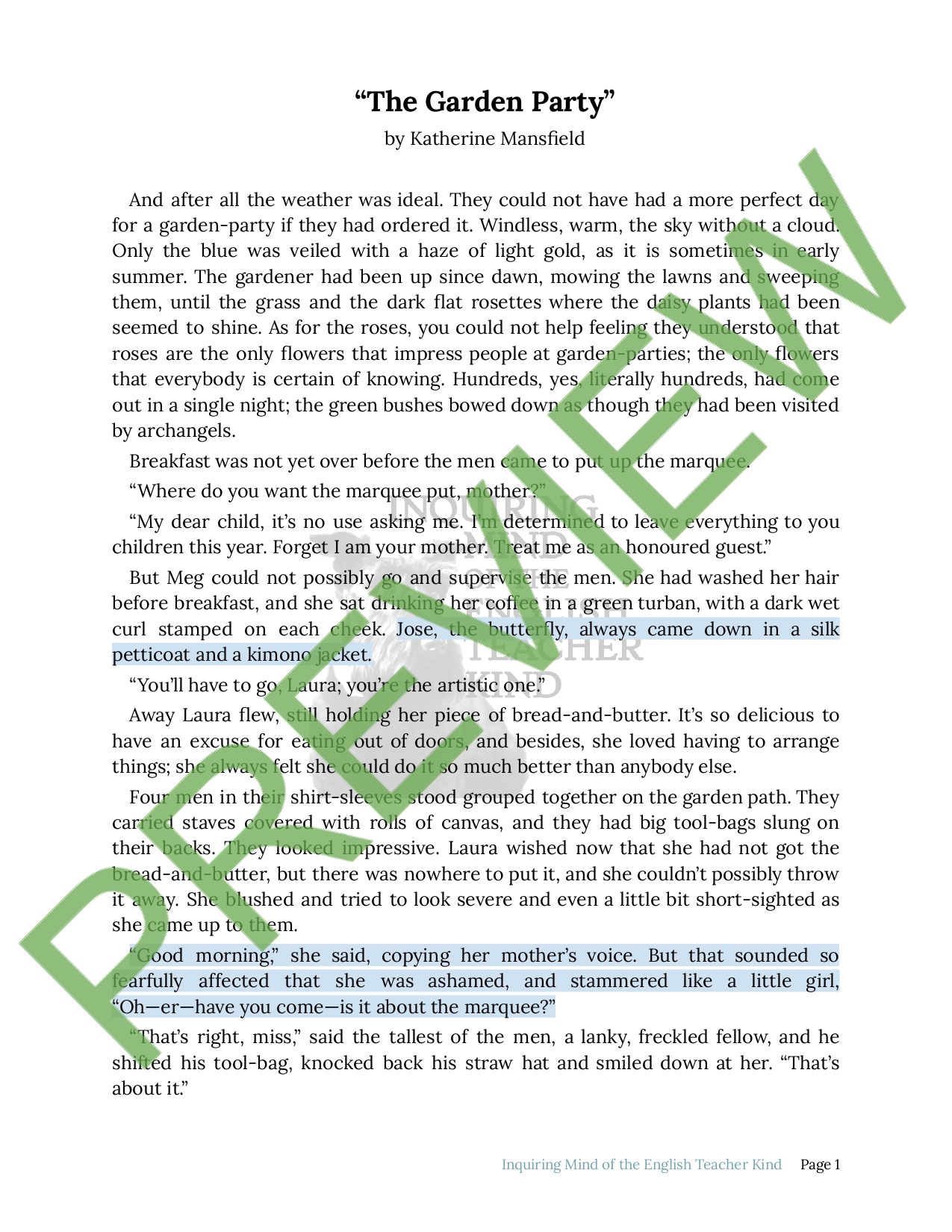 “The Garden Party” by Katherine Mansfield Close Reading Worksheet ...