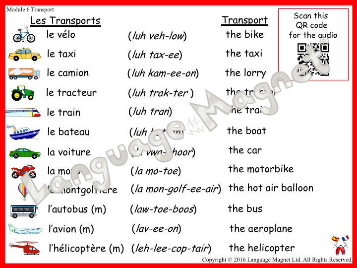 French Transport Audio Vocabulary Sheet | Teaching Resources