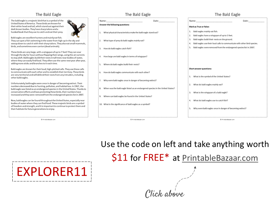 The Bald Eagle Reading Comprehension Passage Printable Worksheet ...
