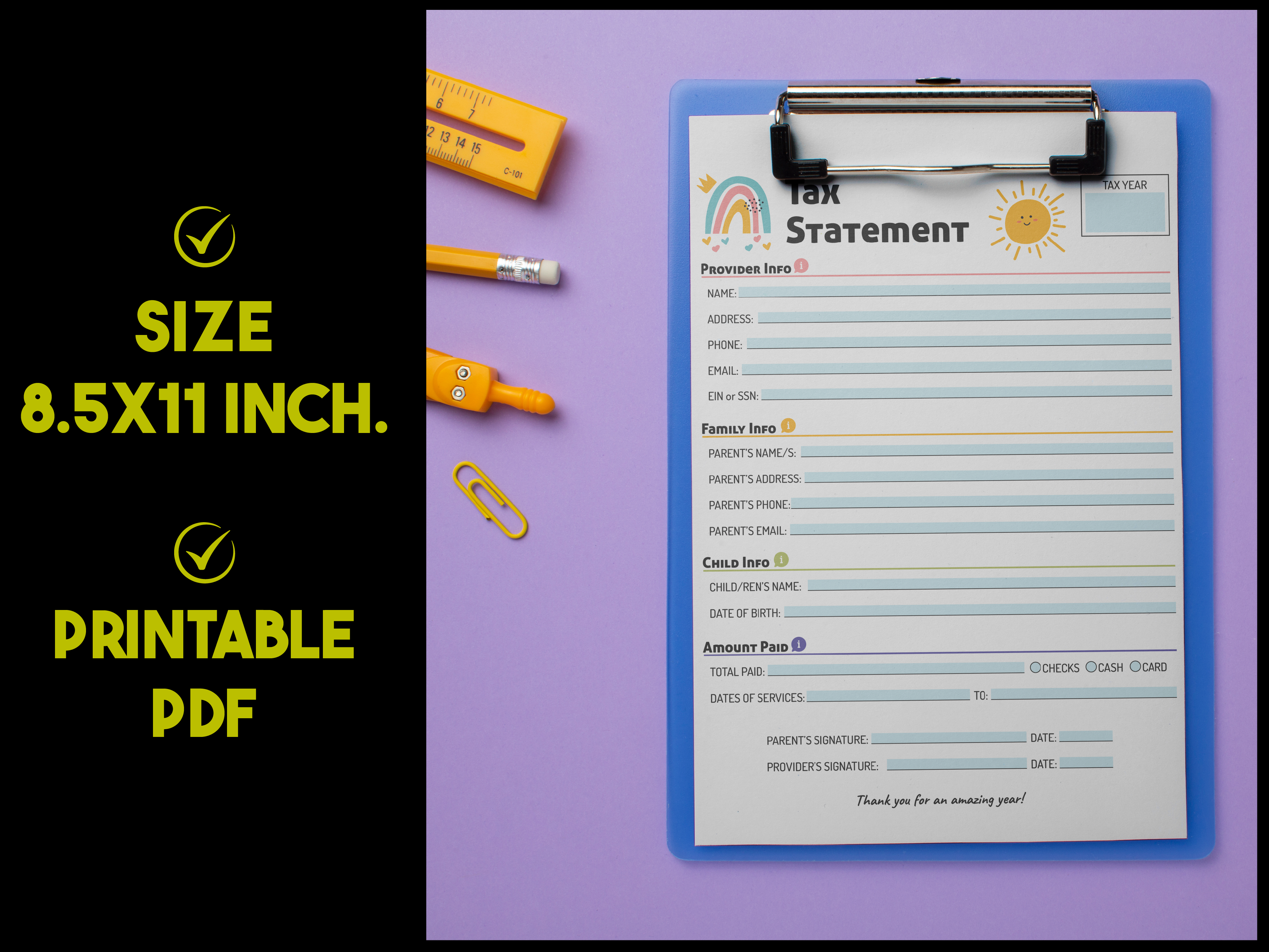 Year-End Tax Statement Receipt Form For daycare, childcare, Preschool ...