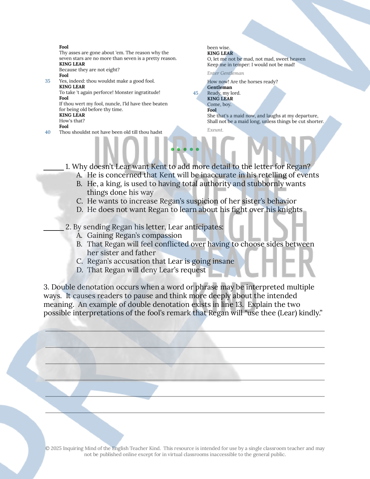 King Lear Act 1 Scene 5 Close Reading Inference Worksheet | Teaching ...
