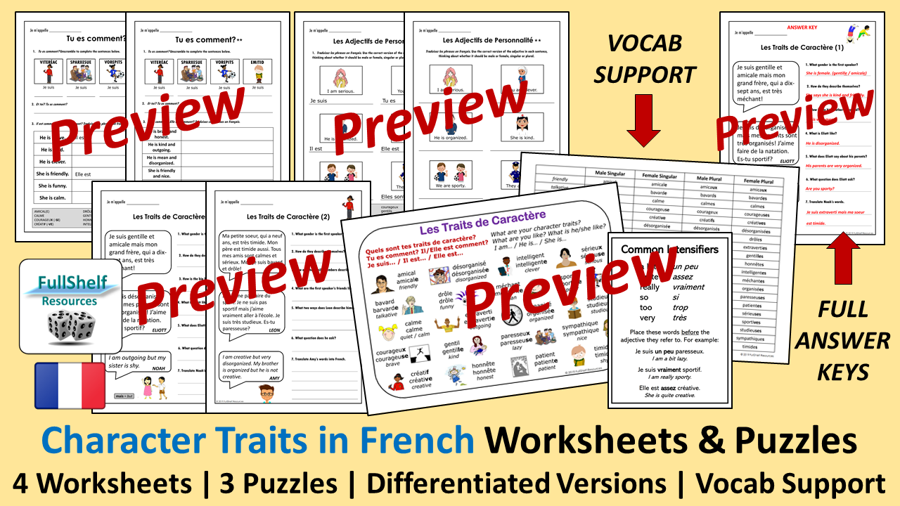 French Describing Character Worksheets | Teaching Resources