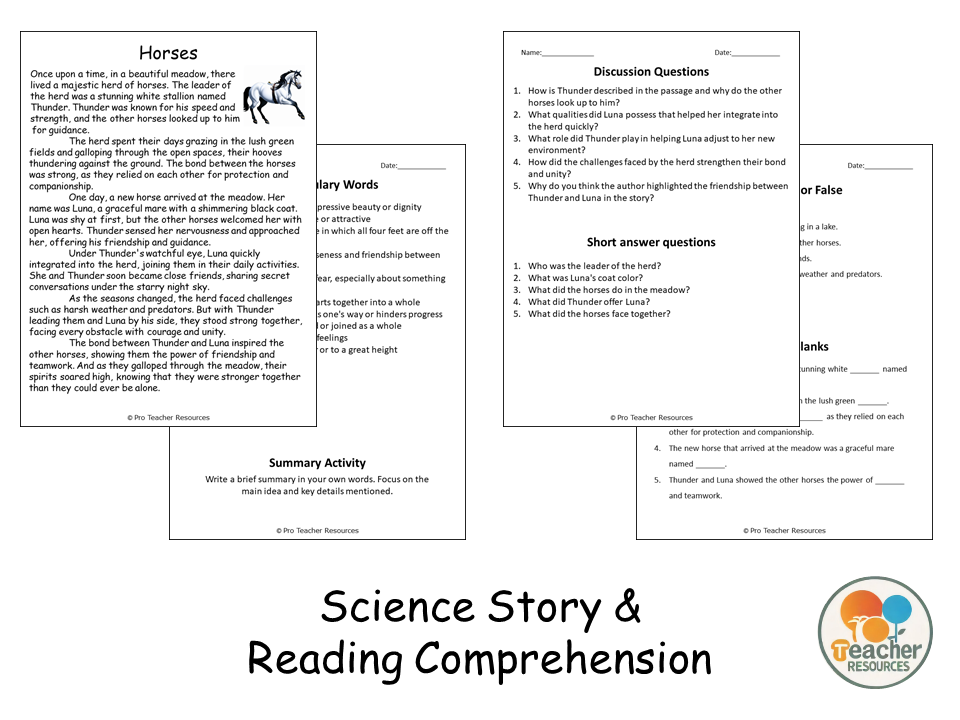 Horses Reading Science Story Comprehension Questions Worksheet ...