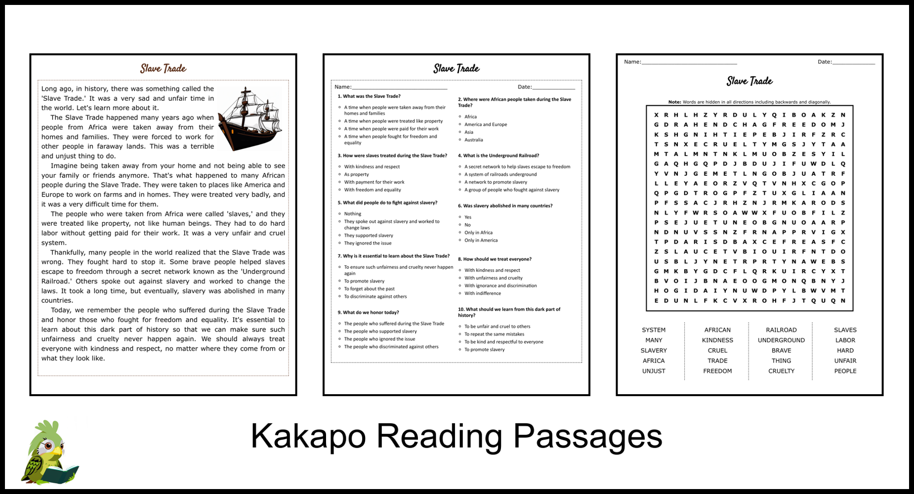 Slave Trade Reading Comprehension and Word Search | Teaching Resources