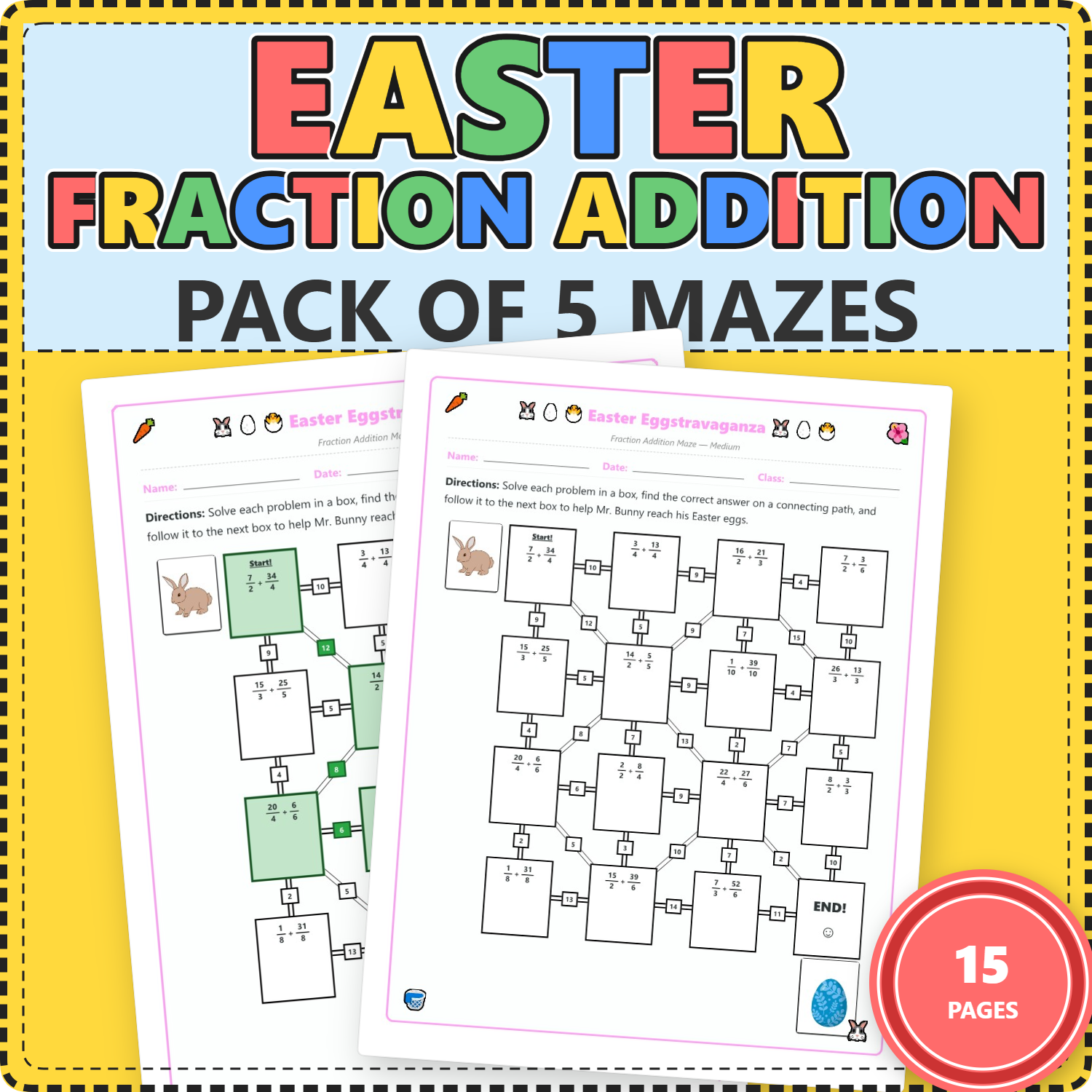 Easter Fraction Addition Maze: 3rd Grade Math Worksheets Like/ Unlike ...