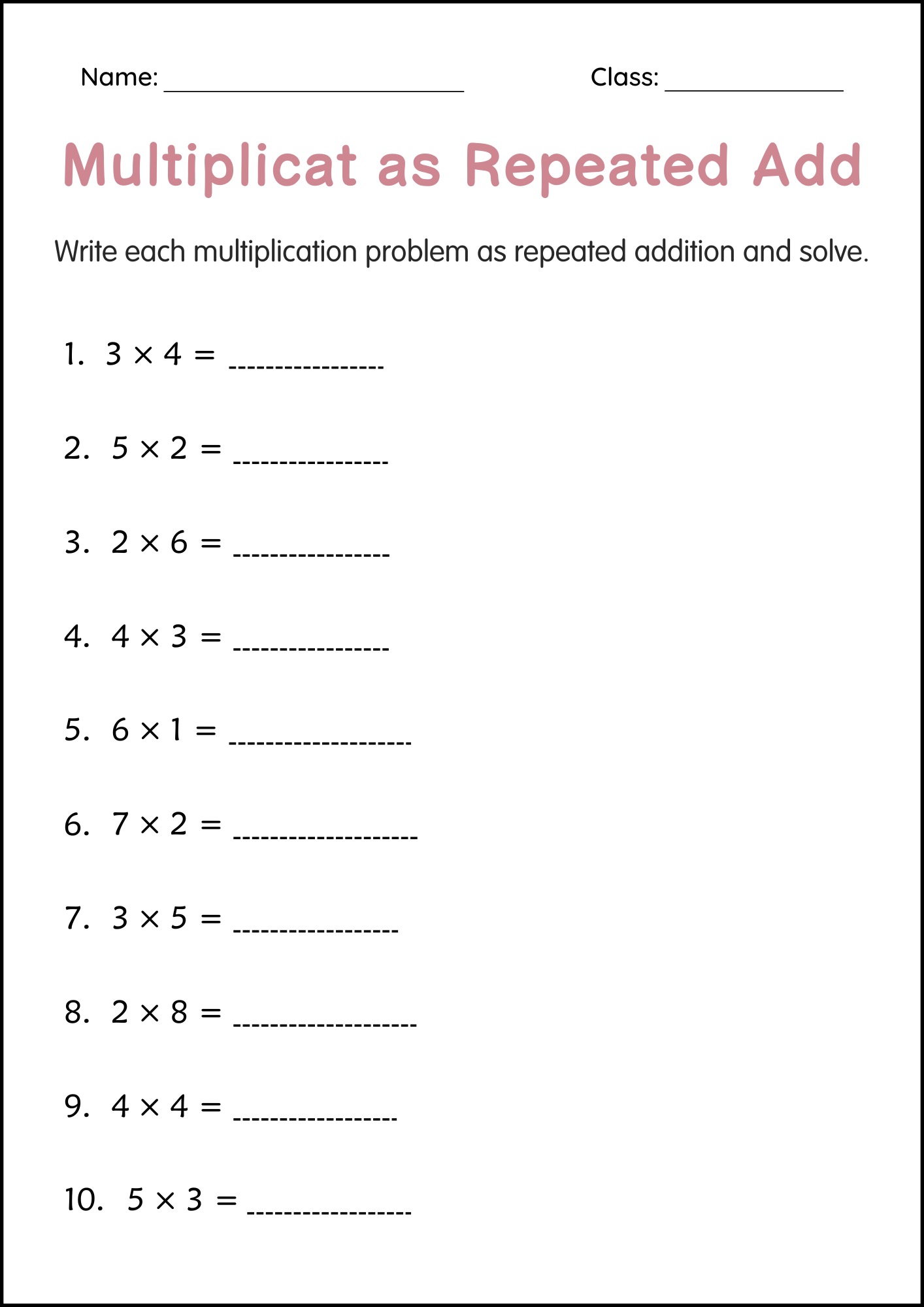 Multiplication as Repeated Addition Numbers Math Worksheets for Grade 2 ...