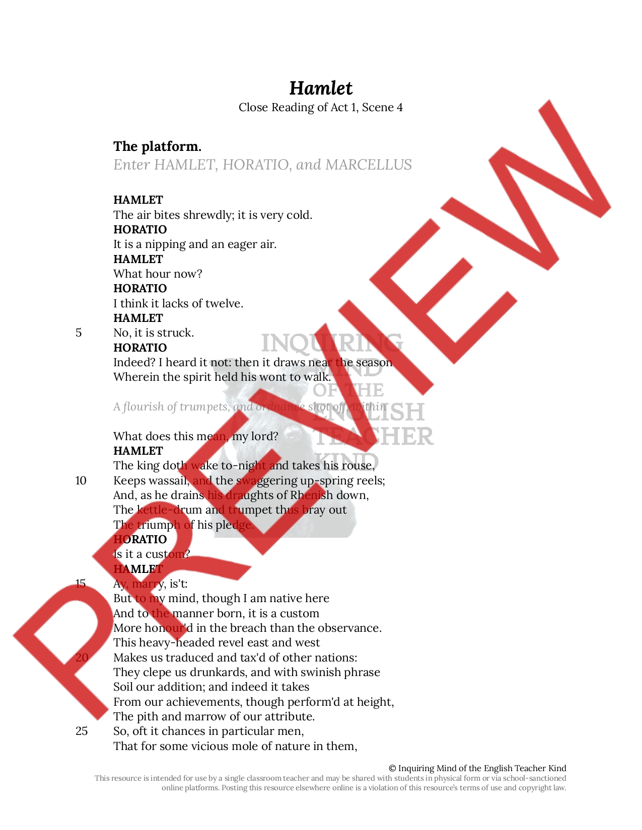 Hamlet Act 1 Scene 4 Close Reading Worksheet | Teaching Resources