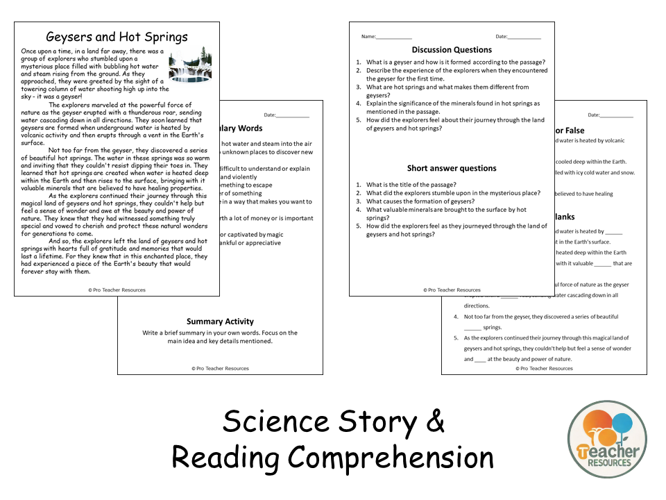 Geysers and Hot Springs Reading Science Story Comprehension Questions ...