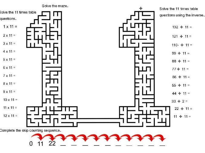 Times table practice, mazes, inverse and skip count . 11 times table ...
