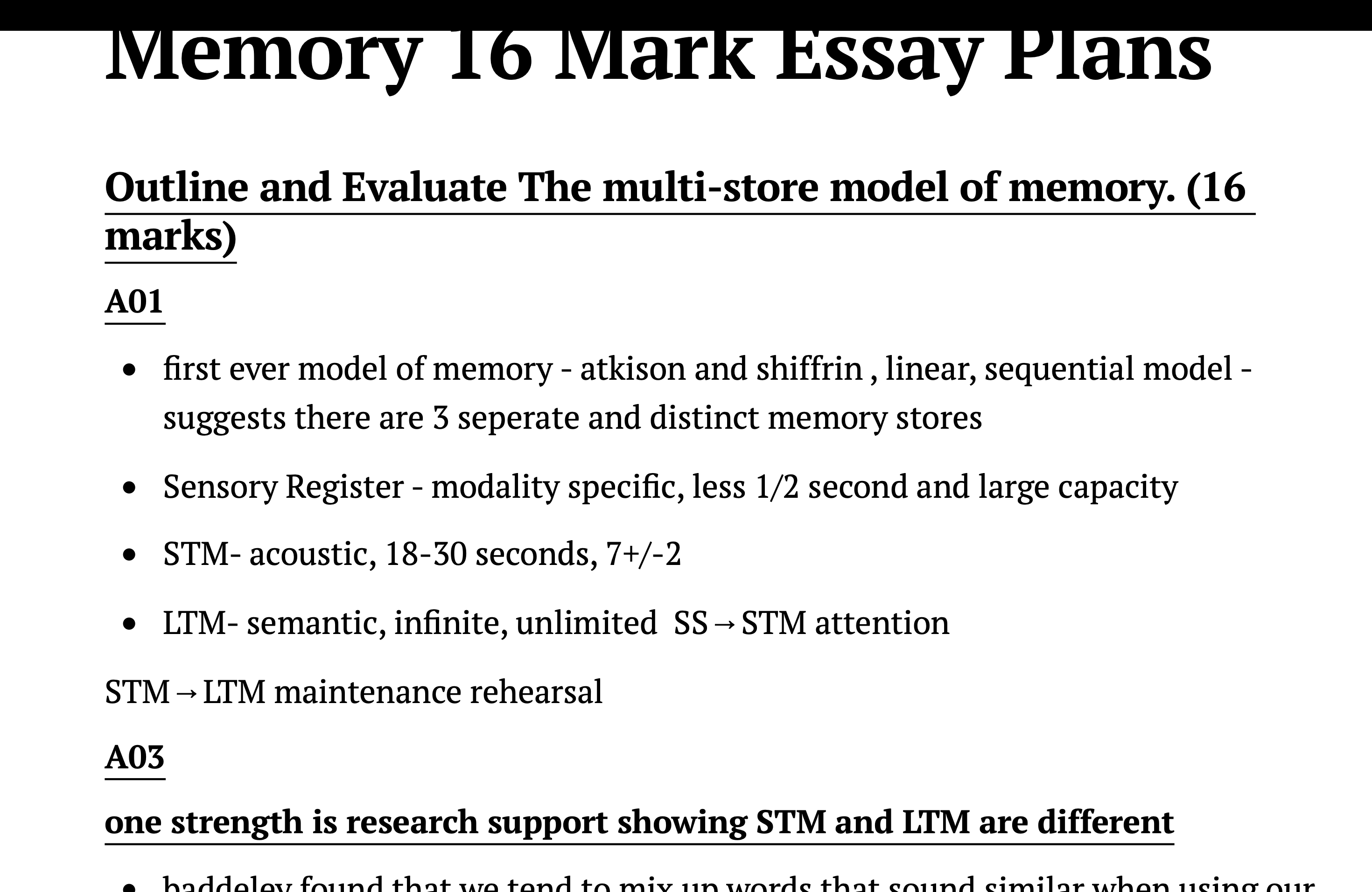 AQA A-Level Psychology A* Memory 16 Mark Essay Plans (Full topic from ...