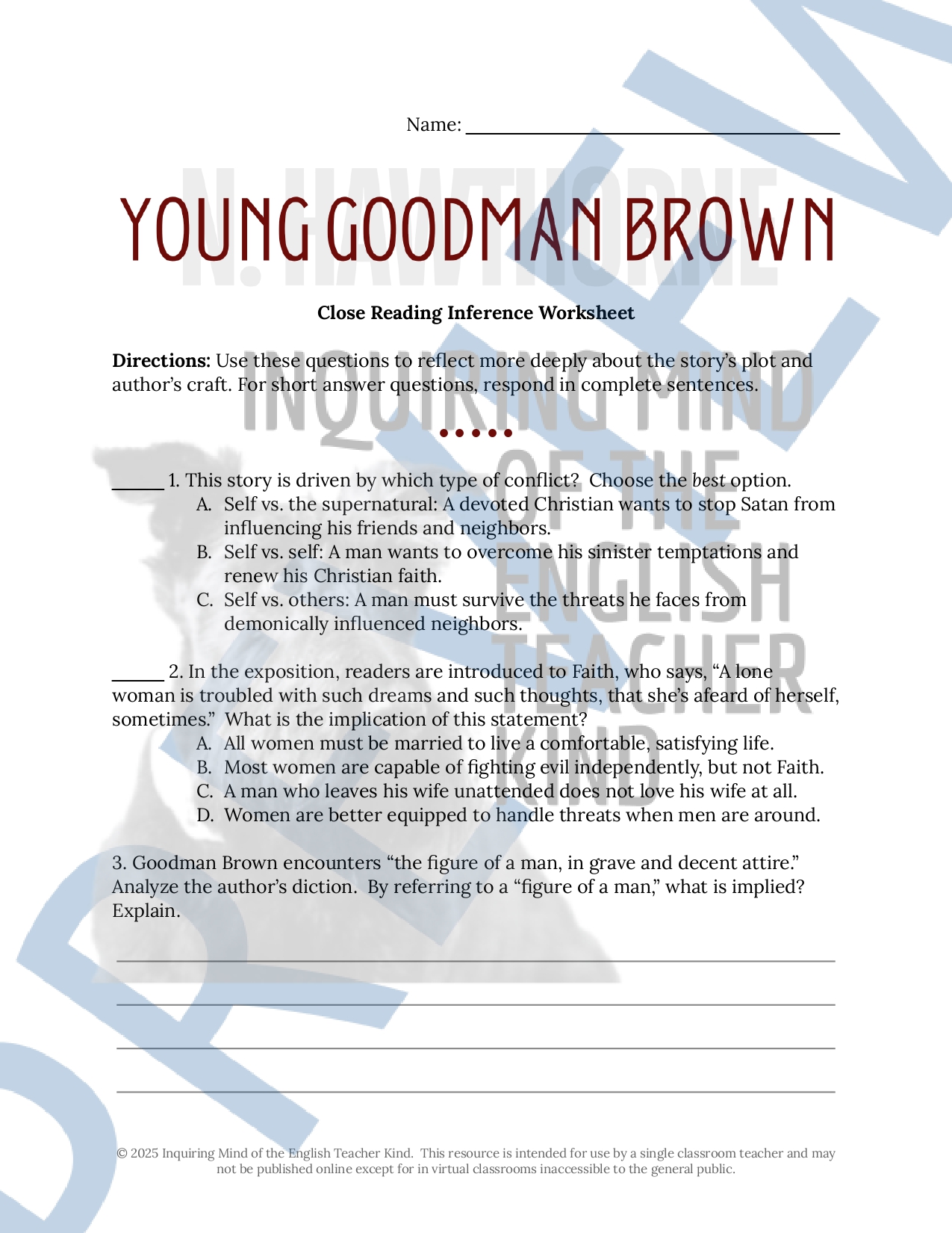 "Young Goodman Brown" by Nathaniel Hawthorne Close Reading Worksheet ...