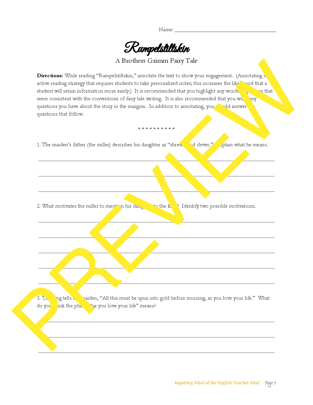 Close Reading of "Rumpelstiltskin" by the Brothers Grimm (Fairy Tale ...