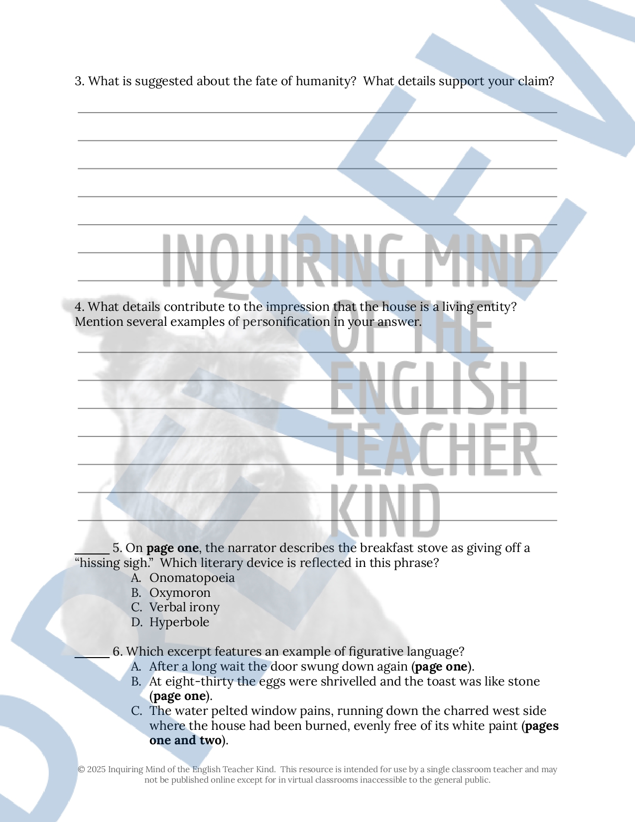 "There Will Come Soft Rains" Close Reading Analysis Worksheet ...