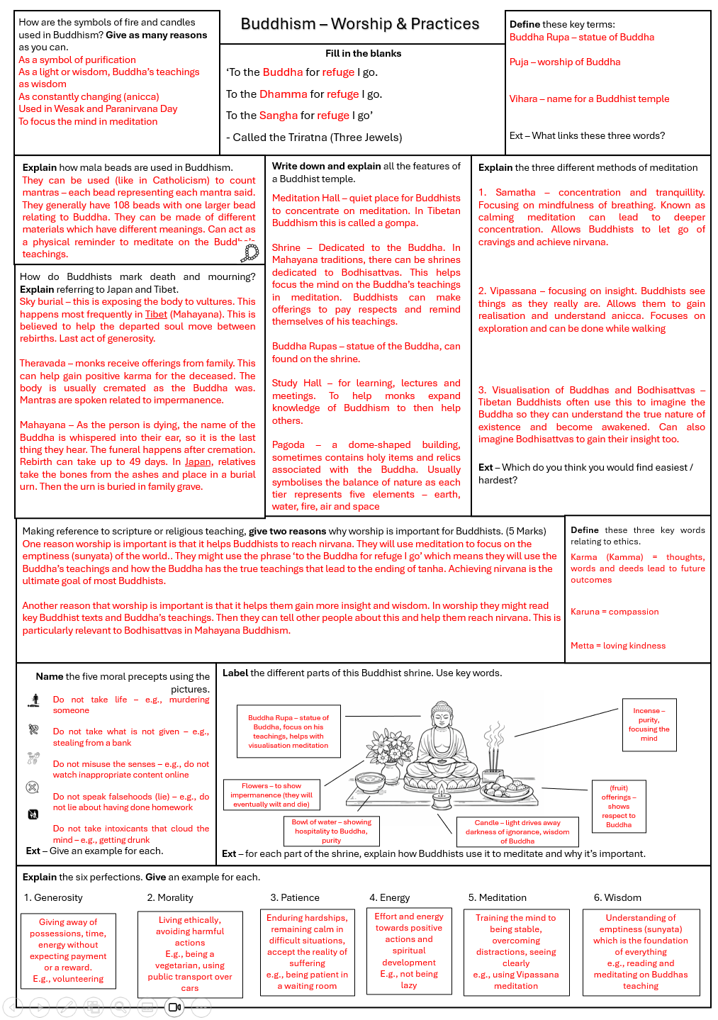 RE AQA GCSE Buddhism Worship and Practices Revision A3 Worksheet ...