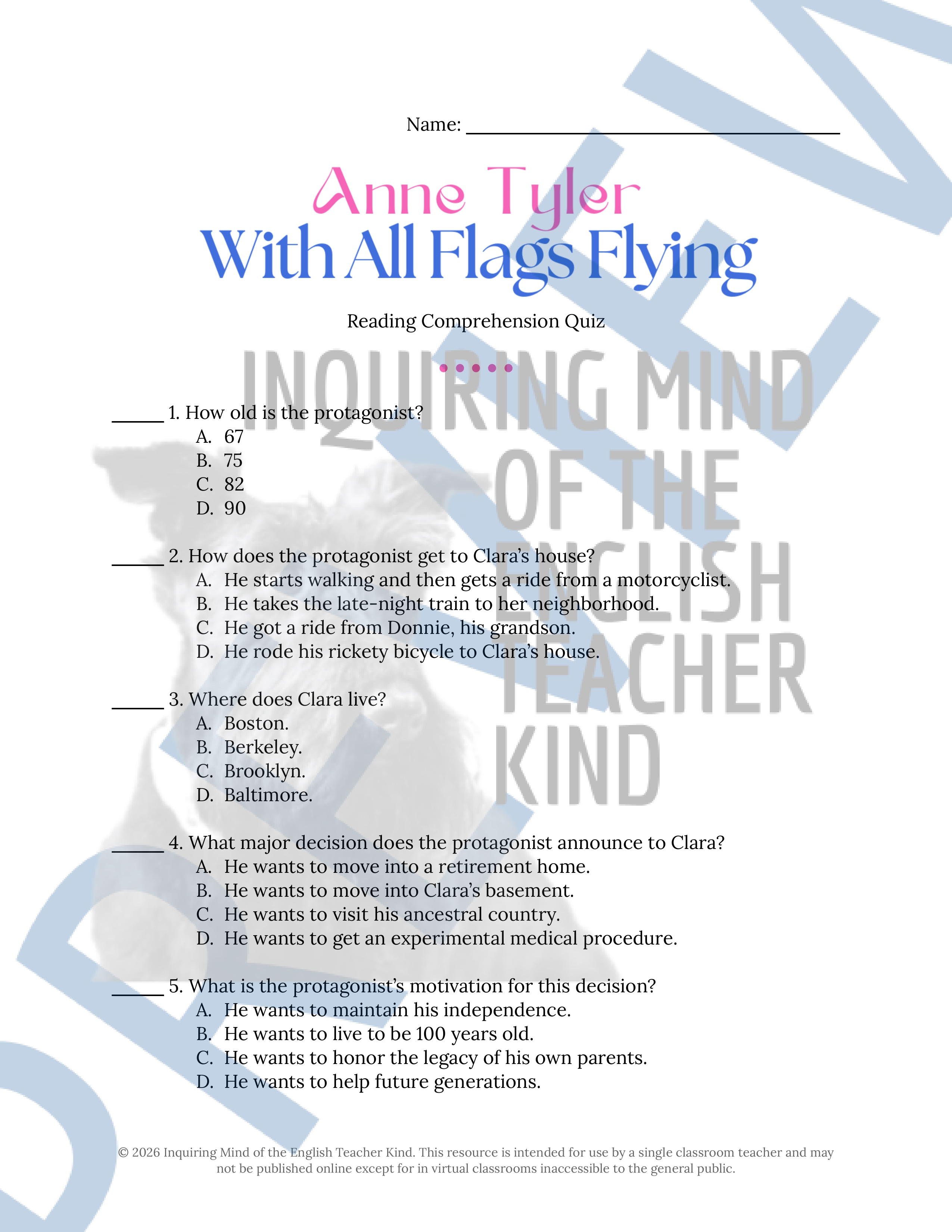 "With All Flags Flying" by Anne Tyler Quiz and Answer Key | Story of ...