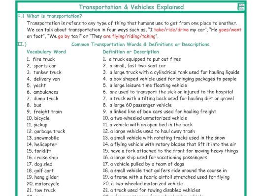 Transportation-Vehicles Explanation-Definitions | Teaching Resources