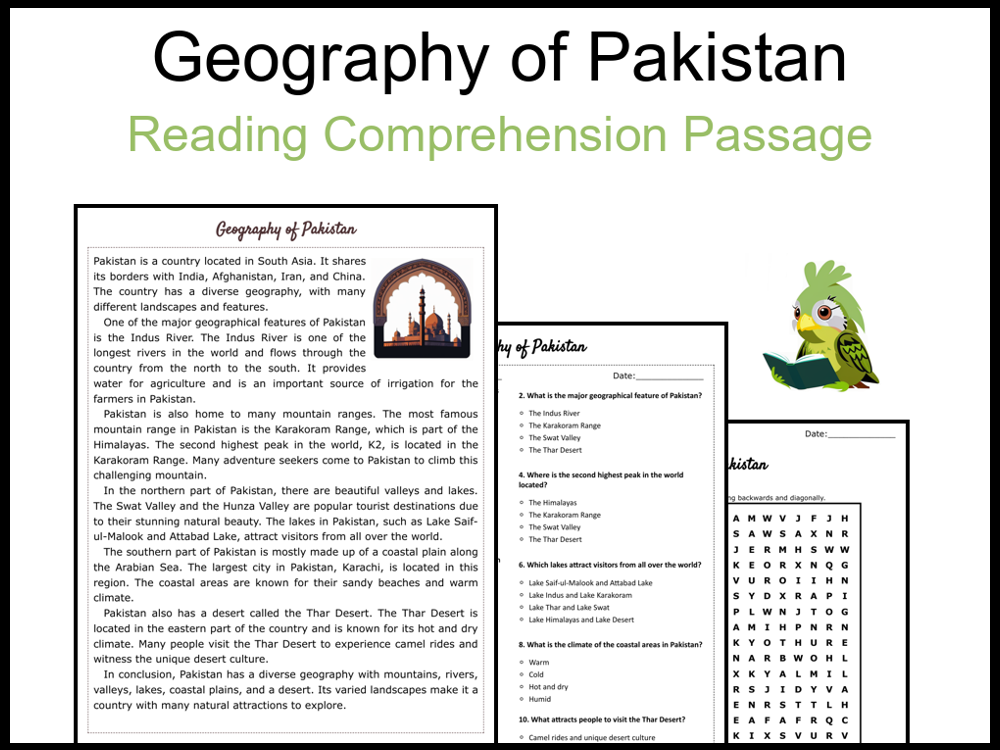 Geography of Pakistan Reading Comprehension and Word Search | Teaching ...