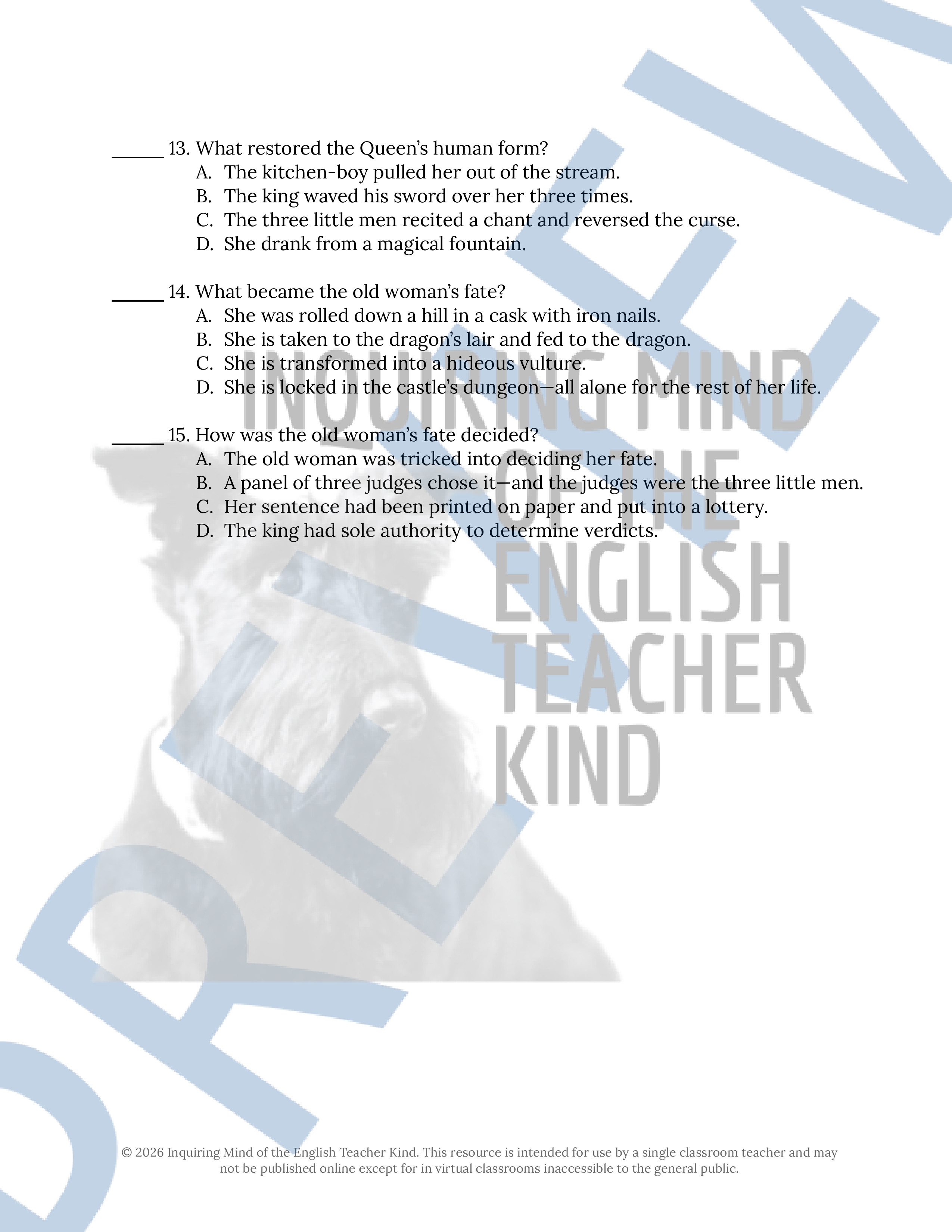 "Three Little Men in the Wood" Quiz and Answer Key | Brothers Grimm ...