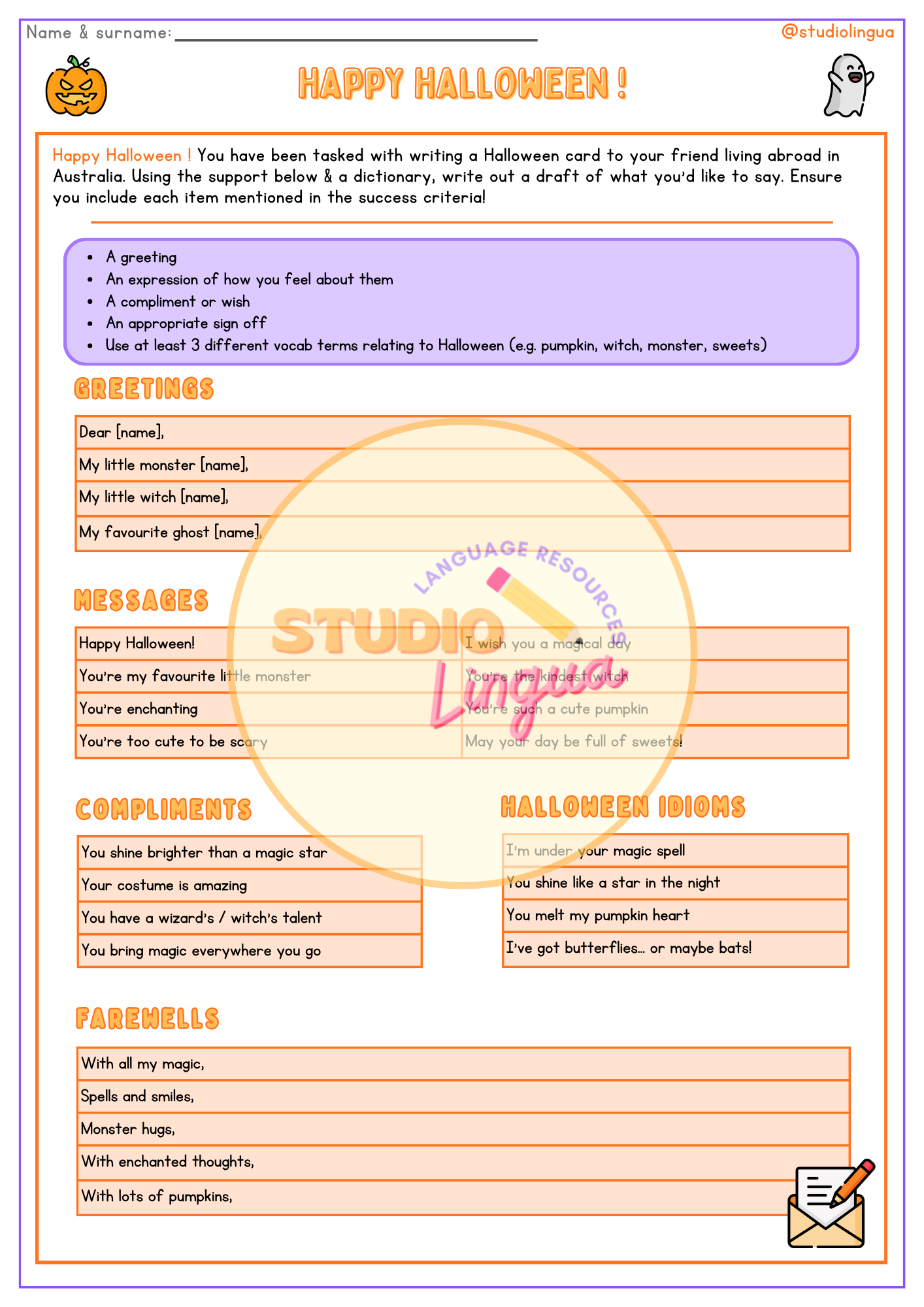 English/TEFL Halloween Cards | Structured Writing Activity | Printable ...