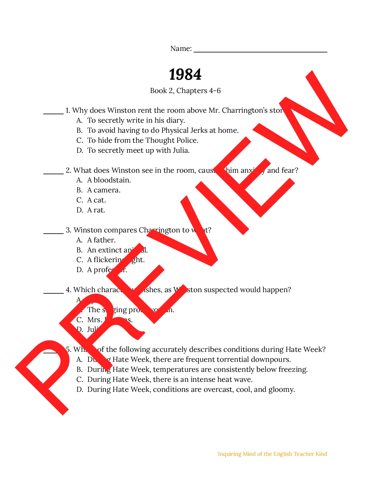 1984 by George Orwell Quiz - Book 2, Chapters 4-6 | Teaching Resources