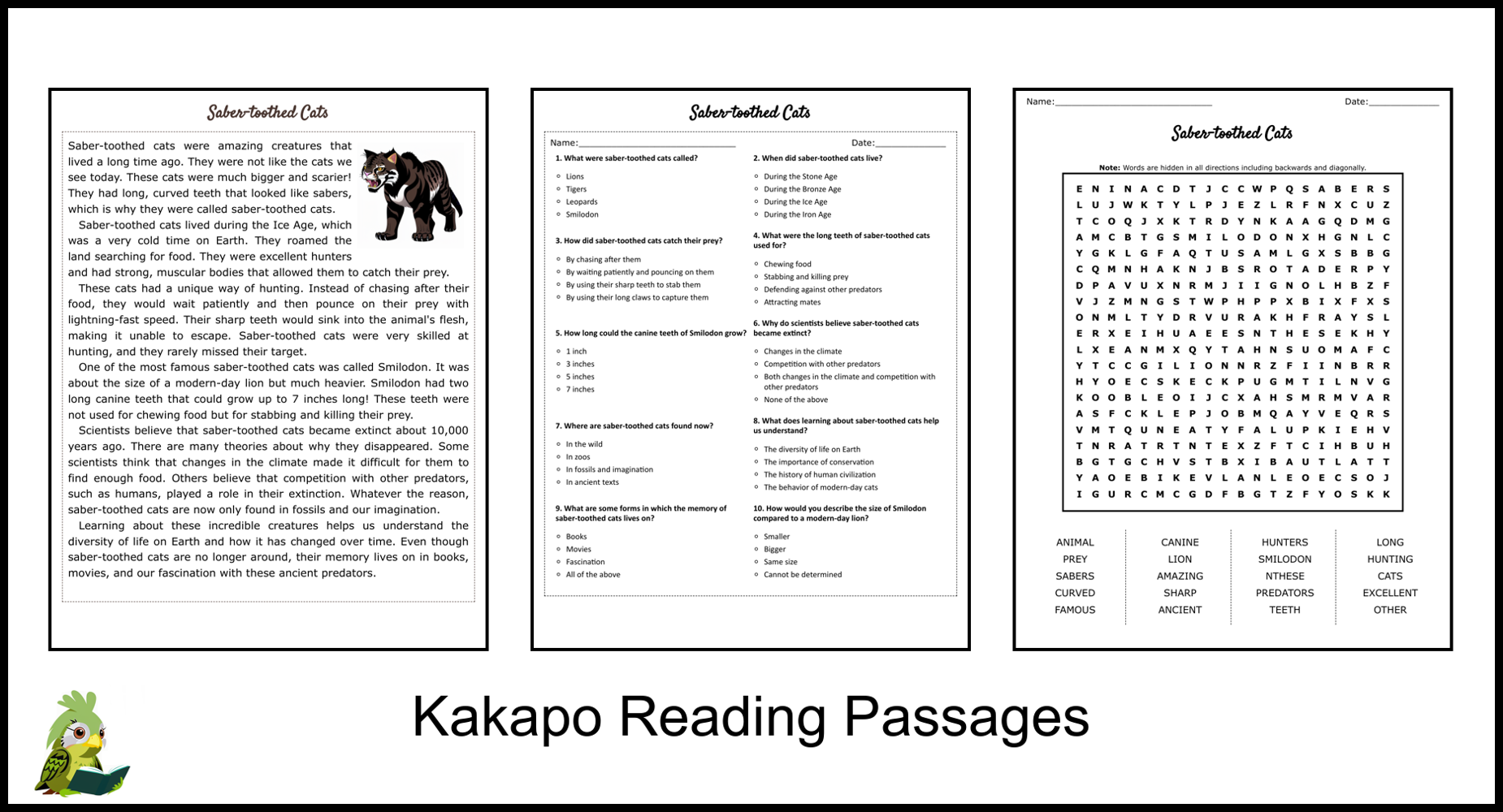 Saber-toothed Cats Reading Comprehension and Word Search | Teaching ...