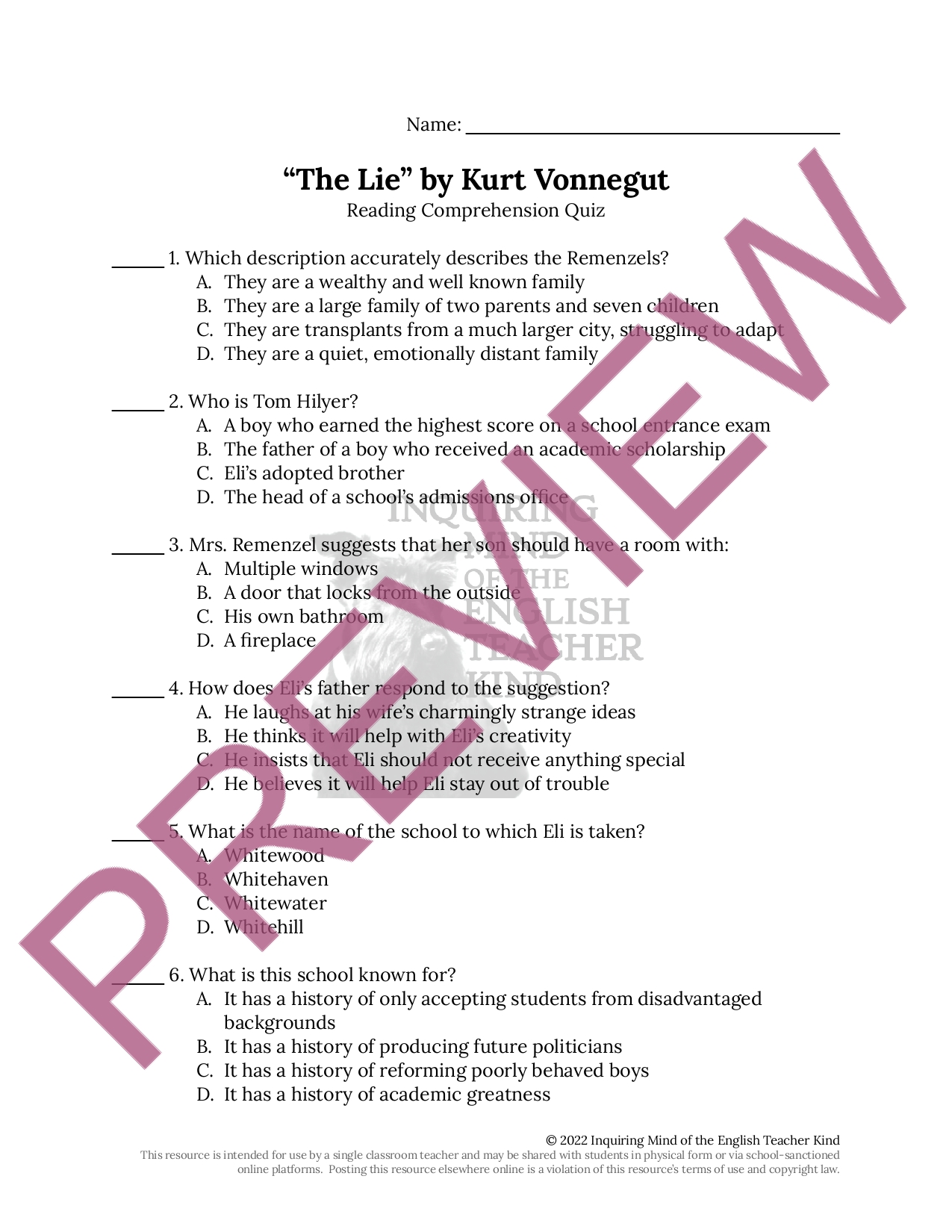 "The Lie" by Kurt Vonnegut Quiz and Answer Key | Teaching Resources