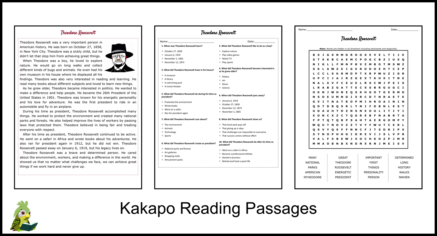 Theodore Roosevelt Reading Comprehension and Word Search | Teaching ...