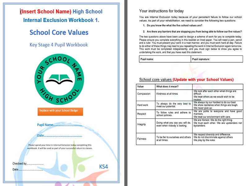 Internal Exclusion Workbooks 1. School Core Values (3 pack) | Teaching ...
