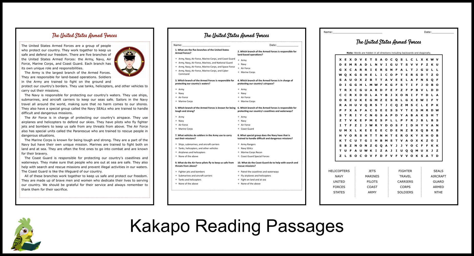 The United States Armed Forces Reading Comprehension and Word Search ...