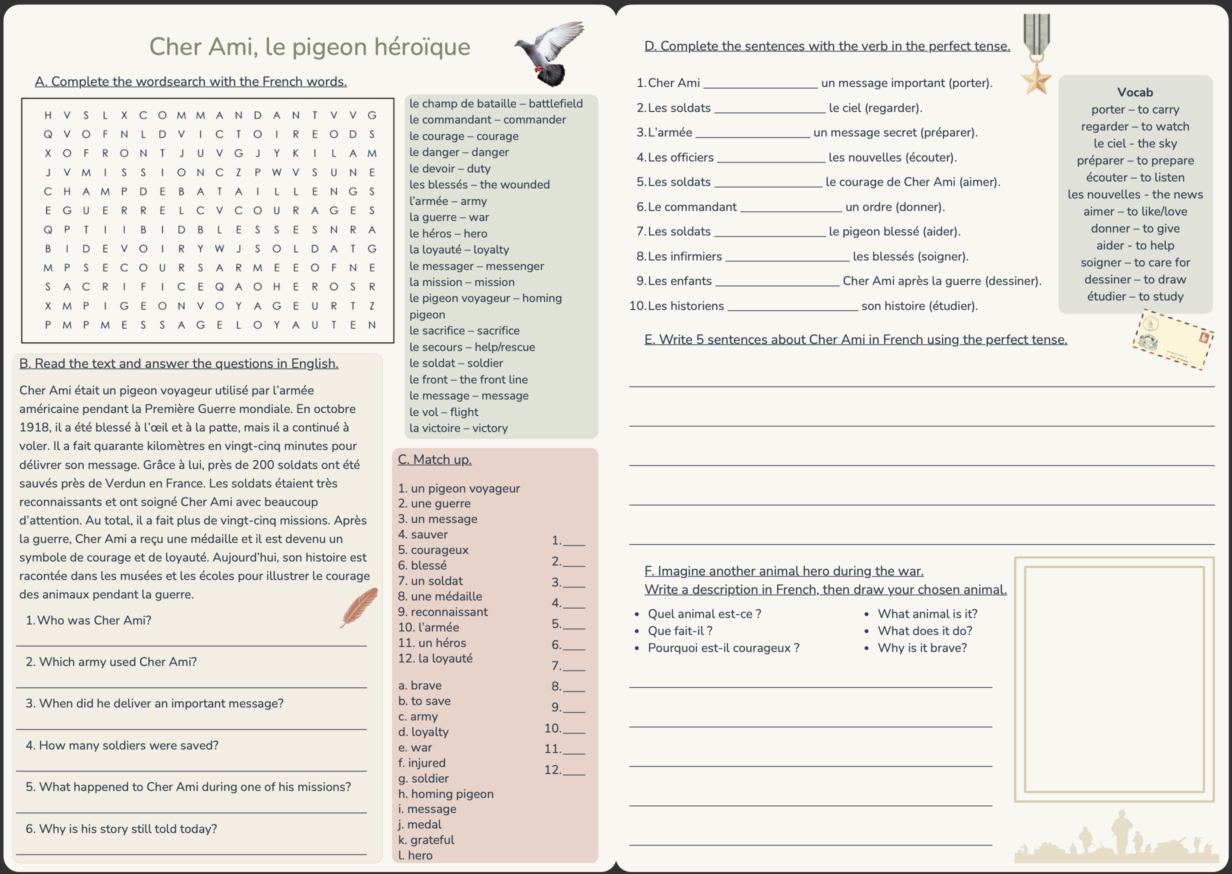 KS3 French - Remembrance Day worksheets - Cher Ami | Teaching Resources