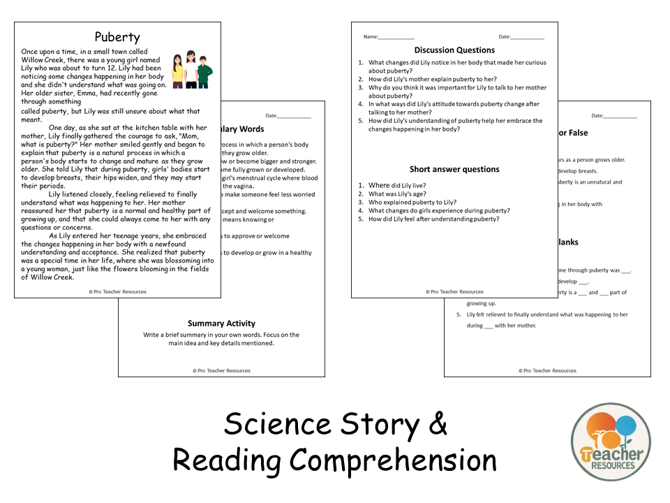 Puberty Reading Science Story Comprehension Questions Worksheet ...
