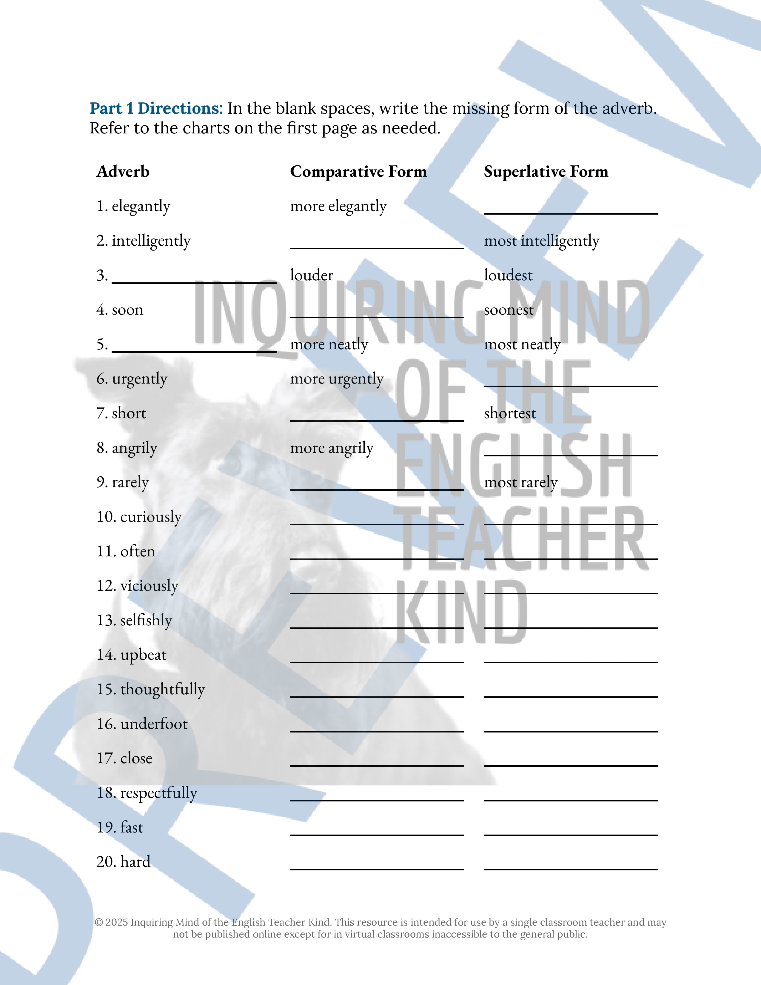 Grammar Worksheet on Comparative and Superlative Adverbs with Answer ...