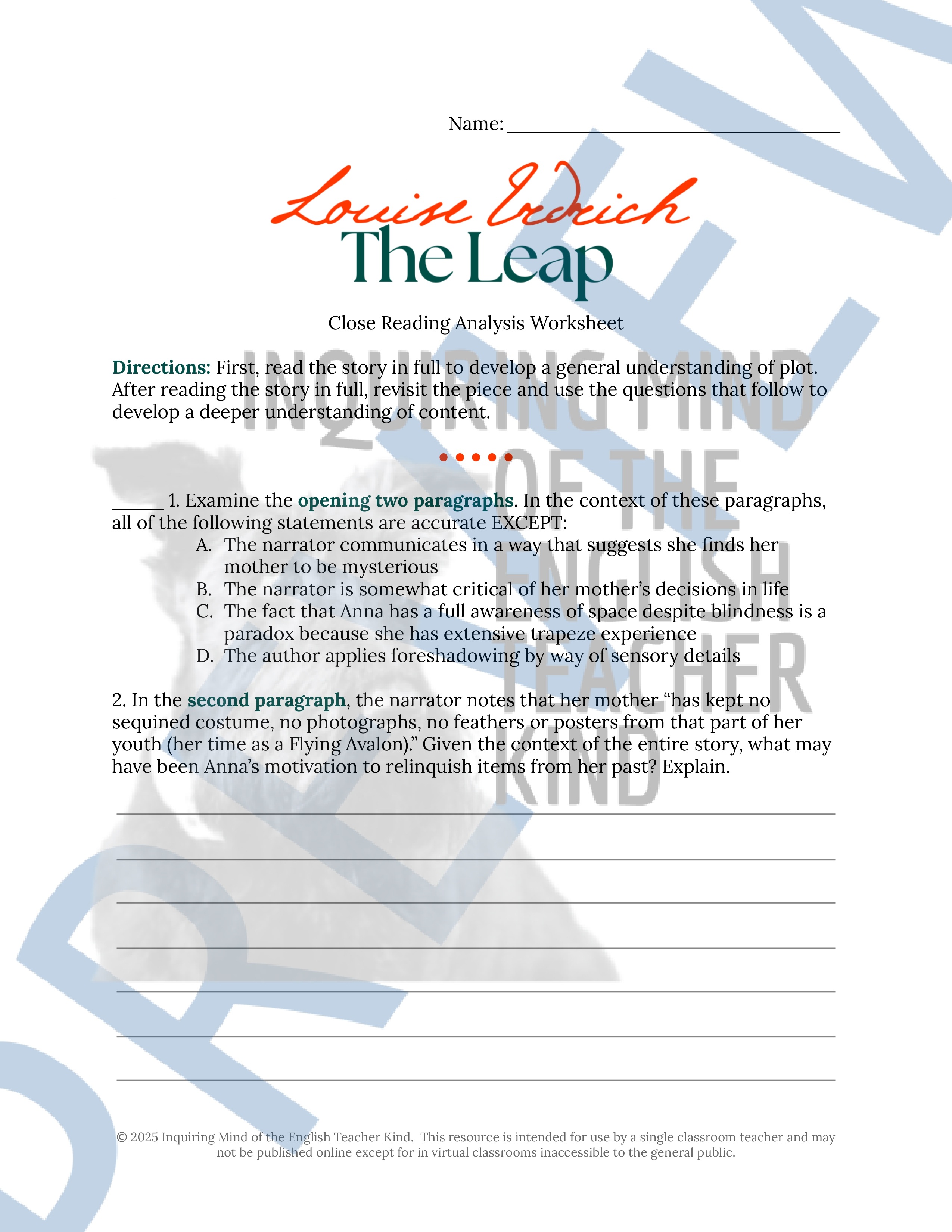 "The Leap" by Louise Erdrich Close Reading Analysis Worksheet (Short ...