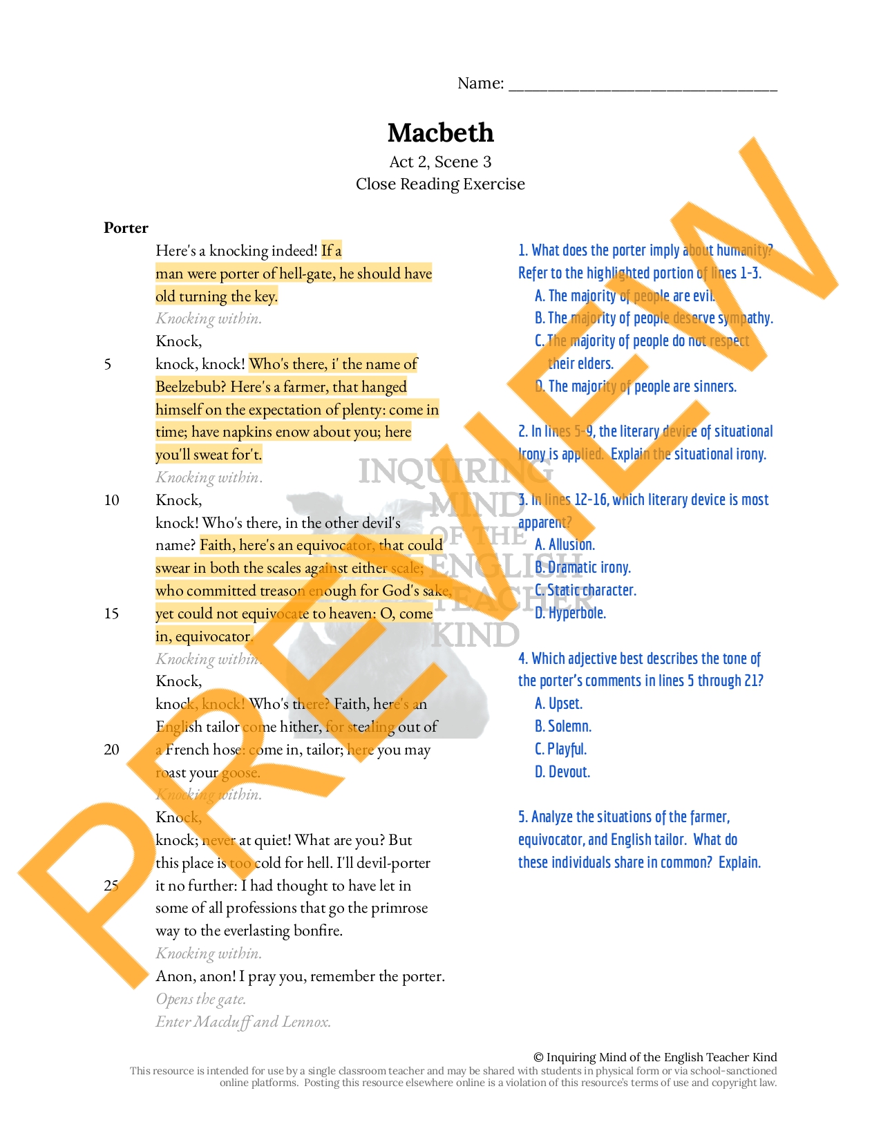 Macbeth Act 2 Scene 3 Close Reading Worksheet | Teaching Resources