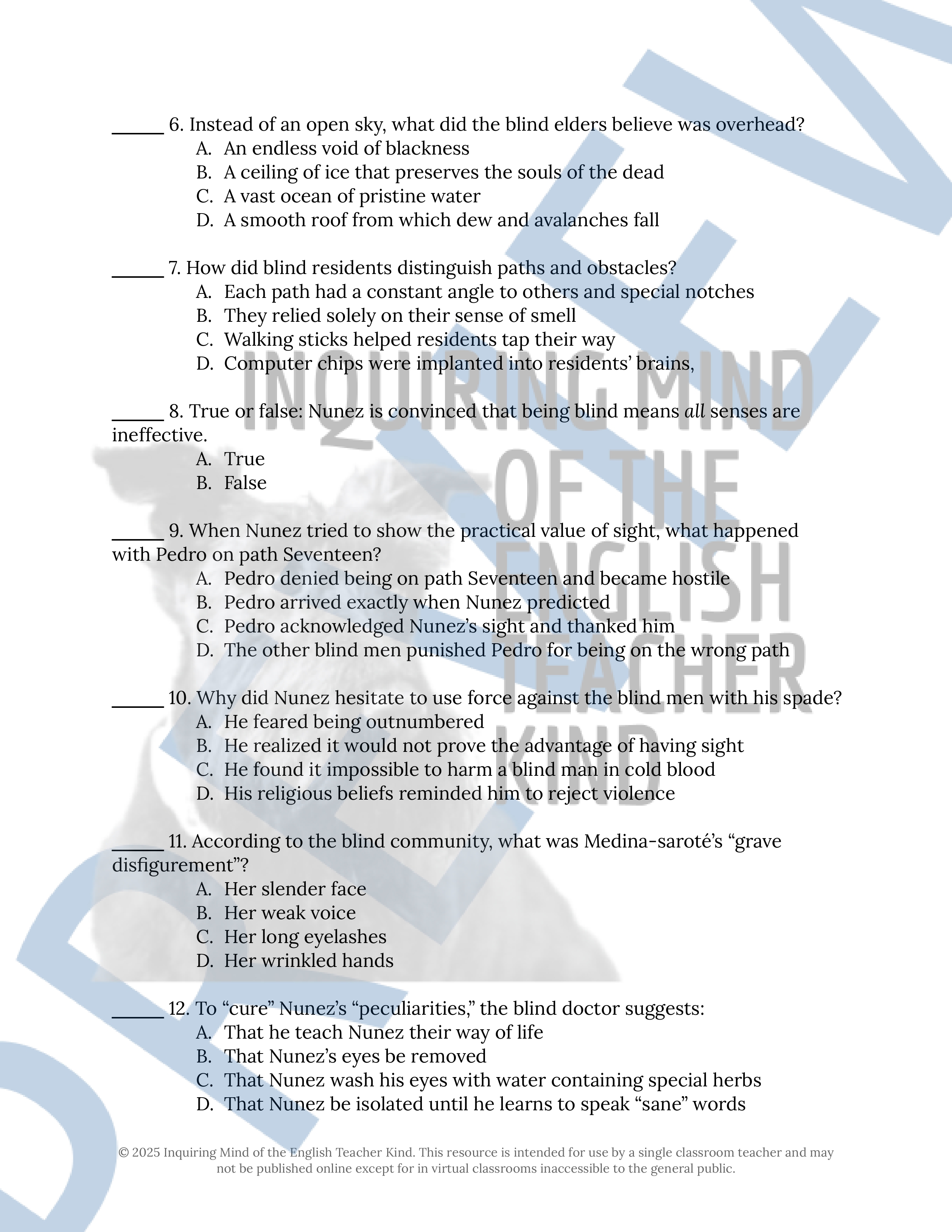"The Country of the Blind" by H. G. Wells Quiz and Answer Key ...